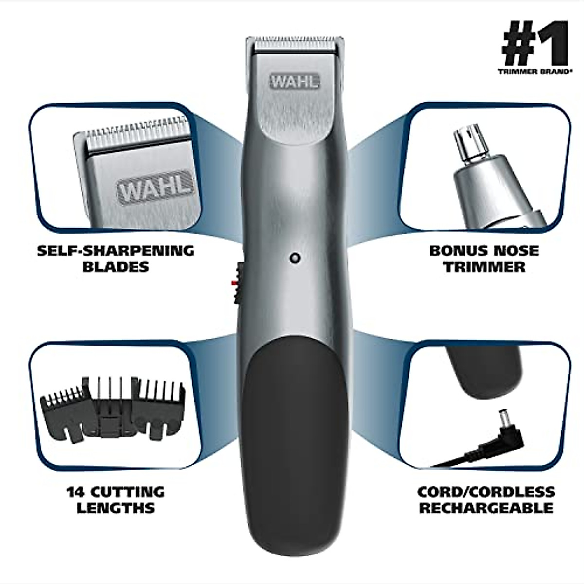 Wahl Groomsman Cord/Cordless Beard Trimming kit for Mustaches, Hair, Nose Hair, and Light Detailing and Grooming with Bonus Wet/Dry Electric Battery Nose Trimmer – Model 5623V
