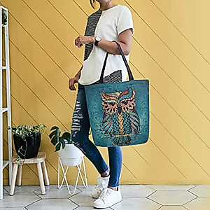 ALAZA Owl Print Boho Ethnic Large Canvas Tote Bag Shopping Shoulder Handbag with Small Zippered Pocket