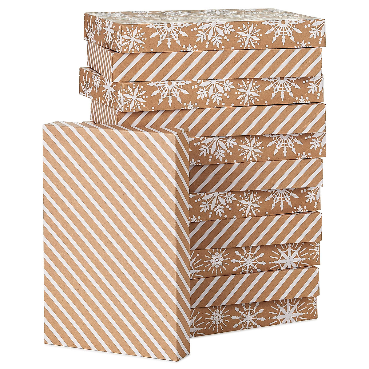 Hallmark Kraft Shirt Box Bundle (12 Boxes: White Snowflakes and Stripes on Kraft) for Christmas, Hanukkah, Birthdays, Weddings and More
