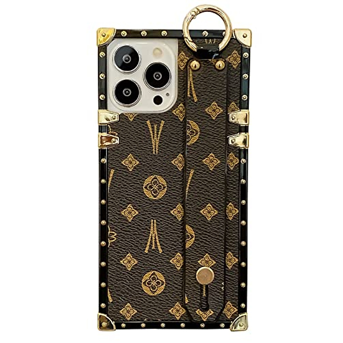 TRODINO Square Leather iPhone 14 Pro Max Case with Wristband Strap, Luxury Designer Trunk Box Phone Case for Women Girls, Hand Holder Ring Kickstand Shockproof Protective Bumper Case 6.7” (Brown)