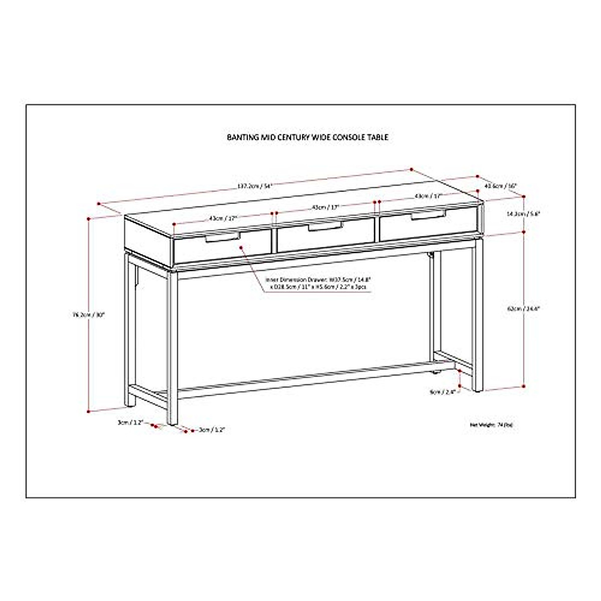 SIMPLIHOME Banting SOLID WOOD and Metal 54 inch Wide Wide Console Sofa Entryway Table in Walnut Brown with Storage, 3 Drawers, for the Living Room, Entryway and Bedroom