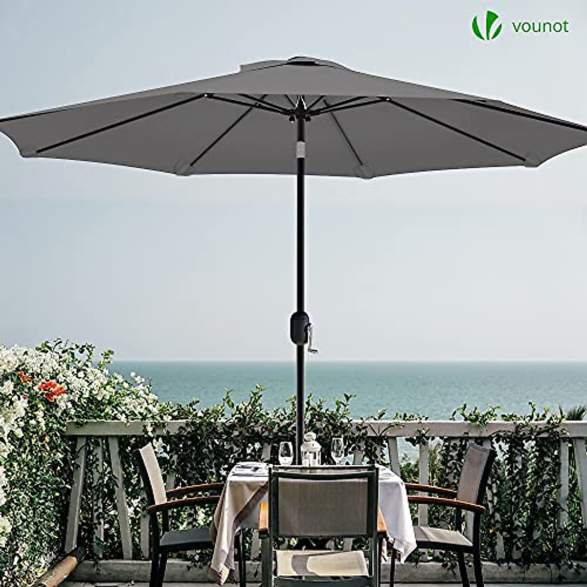 VOUNOT 9 FT Patio Umbrella Outdoor Garden Parasol Table Tilting Patio Parasol Umbrella, with Crank Handle, Protective Cover, 8 Sturdy Ribs, Gray