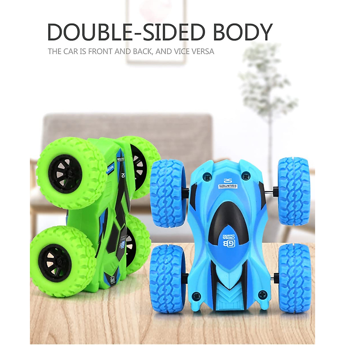 CLeternal Pull Back Cars, 4 Pack Monster Toys Truck Double-Sided Friction Powered Vehicles Flips Shockproof Inertia Cars Push and Go Vehicles for Kids Christmas Party Gift