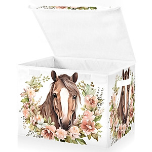 senya Baskets Collapsible Storage Bins with Lids, Horse Head Flower Leaves Storage Boxes Clothes Baskets for Organizing, B06D22020