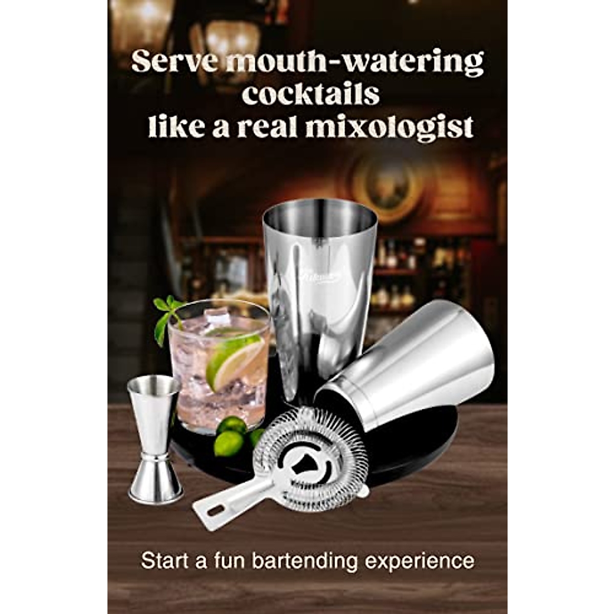 KITESSENSU Boston Cocktail Shaker Set, 4-Piece Boston Shaker Tins Bartender Kit with 18oz & 28oz Mixed Drink Shaker, Hawthorne Strainer, Double Measuring Jigger, Cocktail Recipe Cards Included