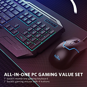 Fiodio Rainbow Wired Gaming Computer Keyboard and Mouse Combo, Ergonomic Keyboards with Wrist Rest, 104 Multimedia Keys, 1600 DPI Gamer Mouse for Windows PC and Desktop