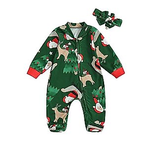 Mialoley Infant Baby Christmas Jumpsuit Long Sleeve V Neck Zipper Front Romper Bowknot Headband Spring Fall Winter Casual (Green, 6-9 Months)
