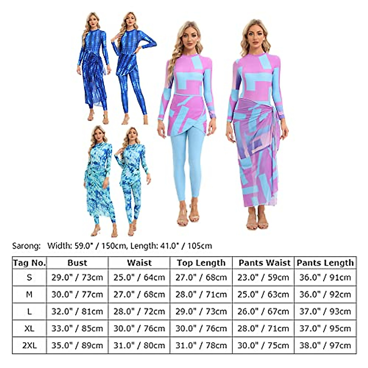 Burkini Swimsuits for Women Muslim Full Coverage Swimsuit Modest Swimwear Long Sleeve One Piece Bathing Suit + Swim Pants + Skirt + Mesh Sarong Coverup Sun Protection Swimming Suit Hot Pink 4PCS S