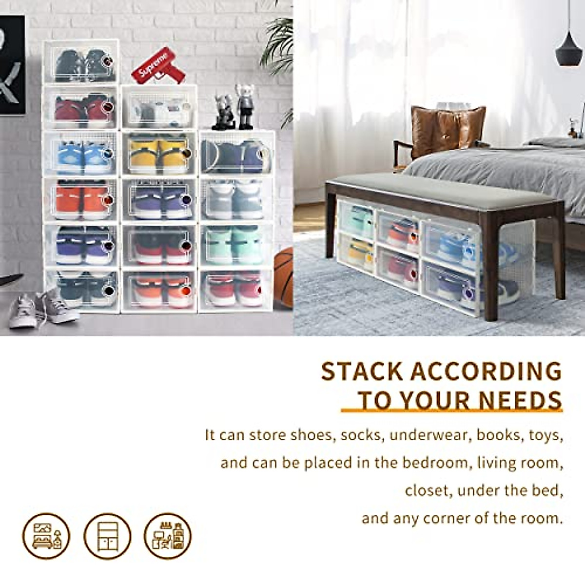 Hrrsaki 15 Pack Foldable Shoe Storage Boxes, Shoe Boxes Clear Plastic Stackable, Shoe Organizer Boxes with Front Opening Lids, Ventilation and Dust-proof, Shoe Container Boxes for Closet, Bedroom, Bathroom, Fit for Women/Men Size 9(13” x 9” x 5.5”) (white