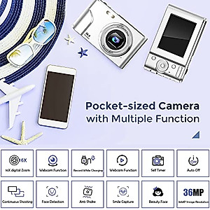 TOBERTO HD 1080P Digital Camera, 36MP 16X Digital Zoom Vlogging Mini Camera with LCD, Digital Point and Shoot Camera Video Camera, for Kids Students Beginners Beauty Face (Silver)