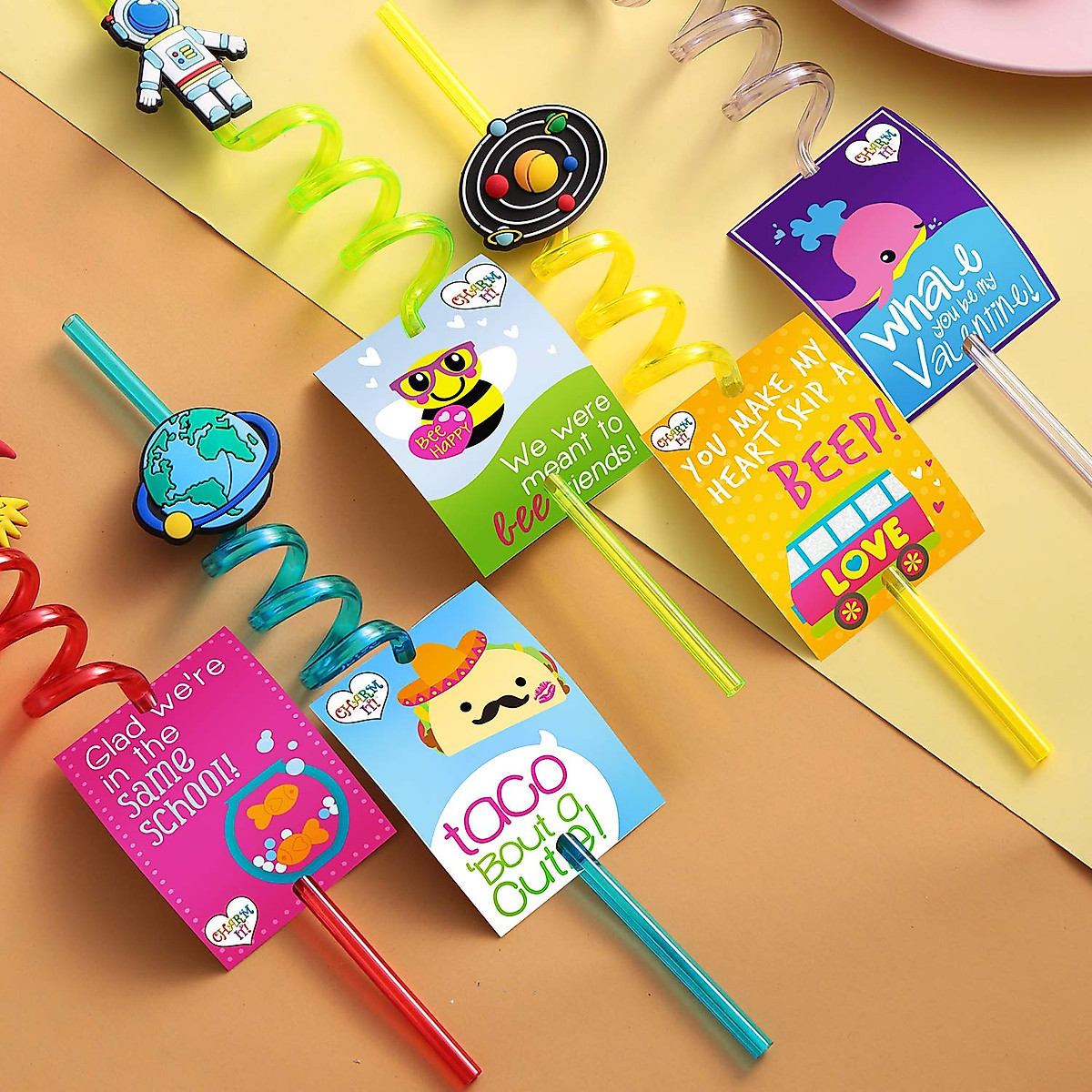 Outer Space Straws Party Favors for Theme Birthday Party Supplies with 2 Cleaning Brush | Solar System Rocket Spaceship Astronaut Satellite Planet Attachments (24+2)