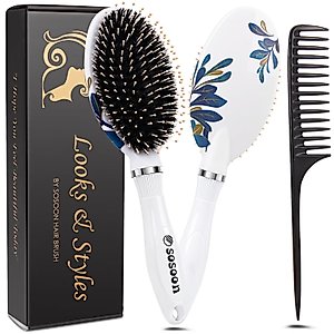 Hair Brush, Boar Bristle Hair Brushes for Women Kids Thick Curly Wet Dry Hair, Smoothing Detangling Hairbrush Adds Shine and Improves Hair Texture, Hair Comb and Giftbox Included