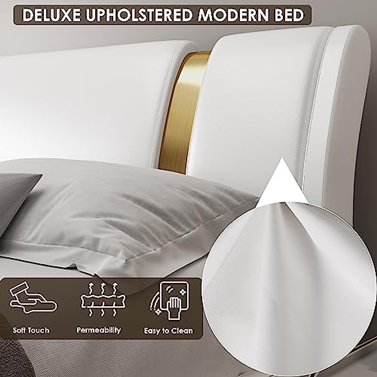 TTVIEW Modern Faux Leather Upholstered Platform Bed Frame with Golden Iron Metal Decor, Adjustable Curved Headboard, Wooden Slats Support, No Box Spring Needed, Queen Size, White