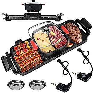 GELTTULU Hot Pot with Grill, 2700W 3 in 1 Electric Korean BBQ Grill Smokeless and Separable Hot Pot for 7-10 People, Dual Temperature Control, 5 Speed Adjustable, Oil Spill Dish for Simmer,Fry, Roast, Black