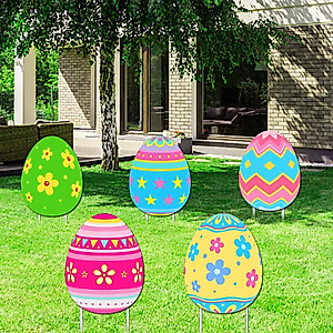 5 pcs Glow Easter Yard Signs Outdoor Lawn Decorations with Stakes, Large Easter Egg Yard Signs Decor, LED String Light Decorative