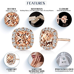 NYC Sterling Women Rose Gold Plated Cubic Zirconia Cushion Simulated Morganite Halo Stud Earring (Cushion)