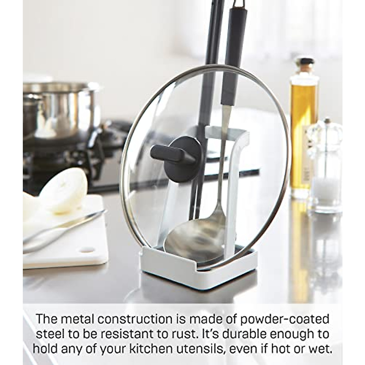 YAMAZAKI Home Ladle Holder - Lid Stand For Utensils In Kitchen, Steel, Water Resistant, No Assembly Req.,White