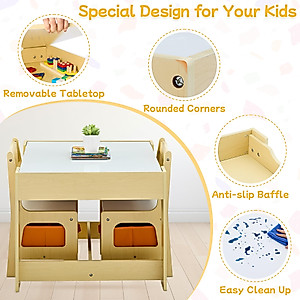 DOREROOM Kids Table and 2 Chair Set, Wooden Activity Table with Storage Drawer, 2 in 1 Detachable Tabletop, Toddler Table and Chairs Set for Drawing, Reading, Crafts, Play