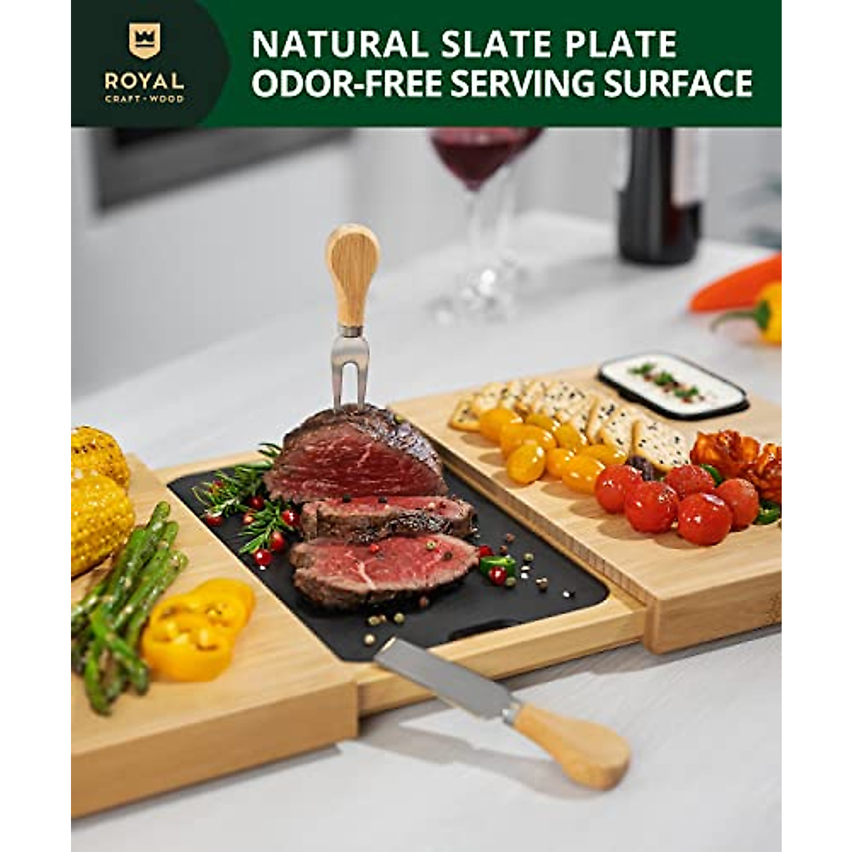 Extra Large Bamboo Charcuterie Boards - Large Charcuterie Board Set w/ 3 Sauce Bowls, 4 Knives & Slate Plate - Unique Cheese Board & Serving Tray with Charcuterie Accessories - Ideal Housewarming Gift