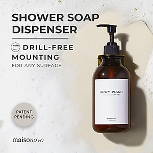 MaisoNovo Shampoo and Conditioner Dispenser with Wall Mounts - 3 Amber Plastic Bottles Black Pump - 4 Mixed Pack Foaming Hand Soap Refill Tablets