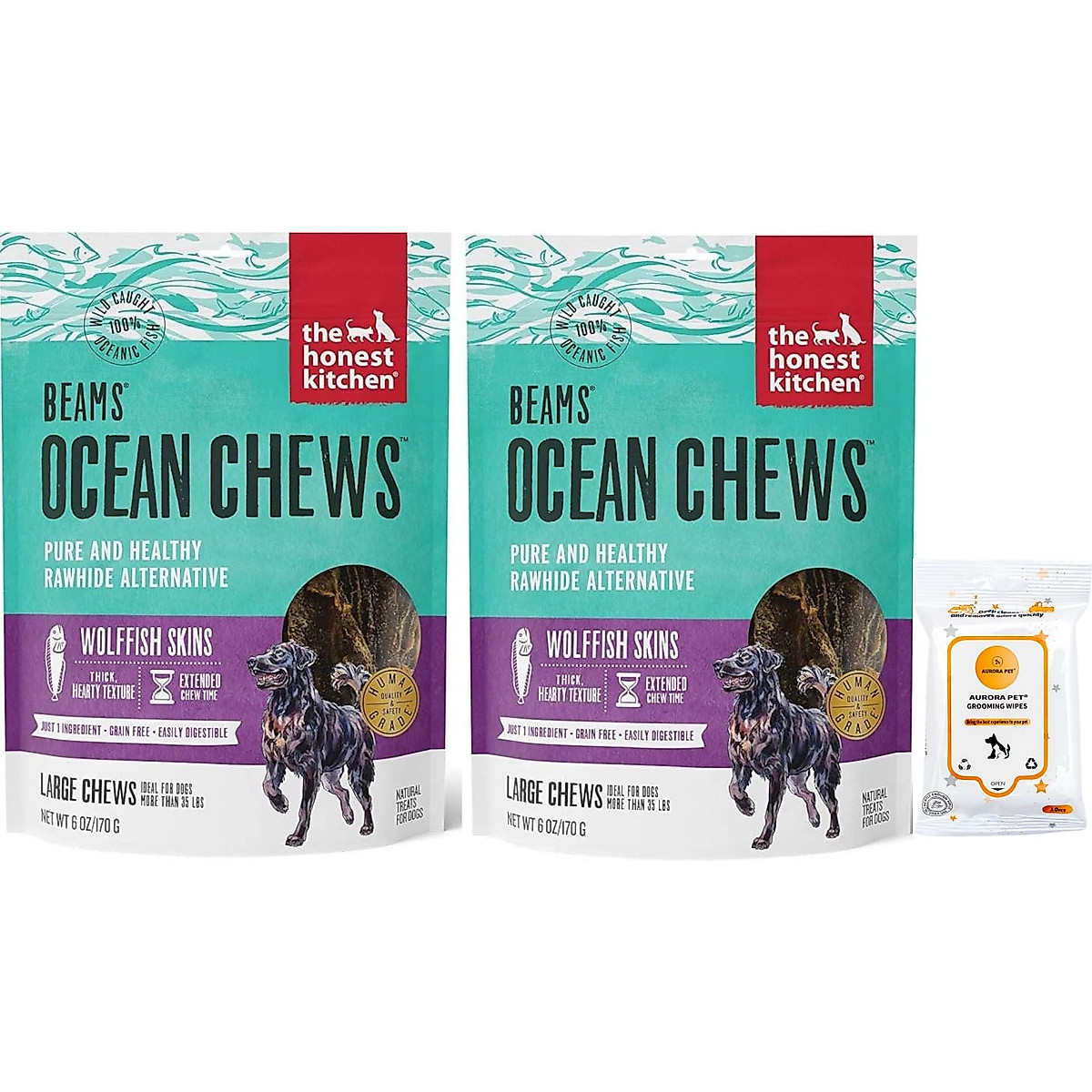 Aurora Pet Bundle Pack (2) Ocean Chews Wolfish Skins Dehydrated Dog Treats (6-oz Pouches) with AuroraPet Wipes