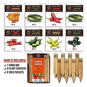 Pepper Seeds for Garden Planting - 8 Non-GMO Heirloom Pepper Seed Packets, Wood Gift Box & Plant Markers, DIY Home Gardening Gifts for Plant Lovers