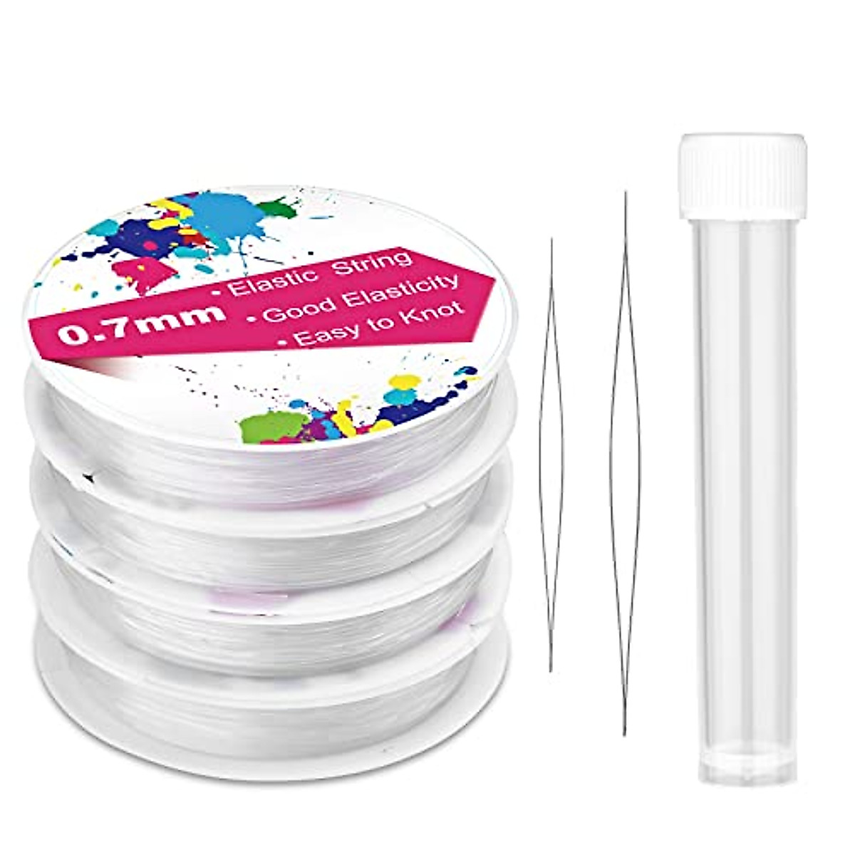 4 Rolls Elastic Stretch Thread for Bracelets, Transparent Beading String with 2 Sizes Big Eye Bead Needles and Needle Bottle, Clear Stretch Cord Thread for Jewelry Bracelet Necklace Making Wire(0.7mm)