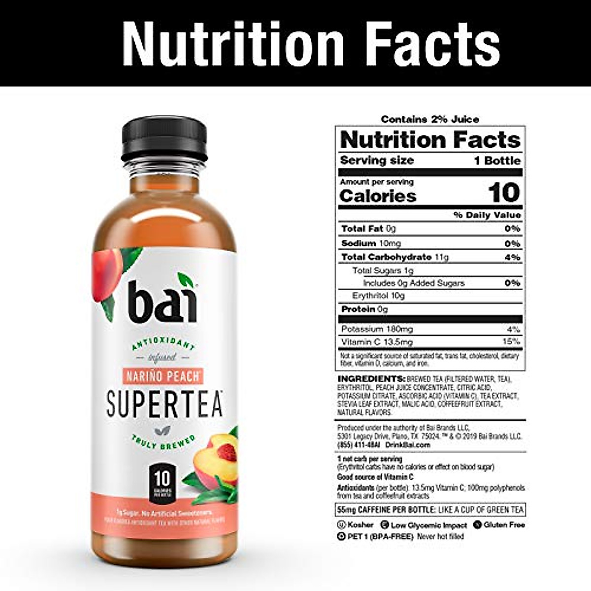 Bai Iced Tea, Narino Peach, Antioxidant Infused Supertea, Crafted with Real Tea (Black Tea, White Tea), 18 Fluid Ounce Bottles, 12 count