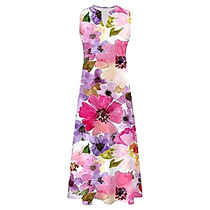 Fudule Womens Casual Sleeveless Plus Size Loose Plain Long Maxi Dress with Pockets c-0404-m70 Pink