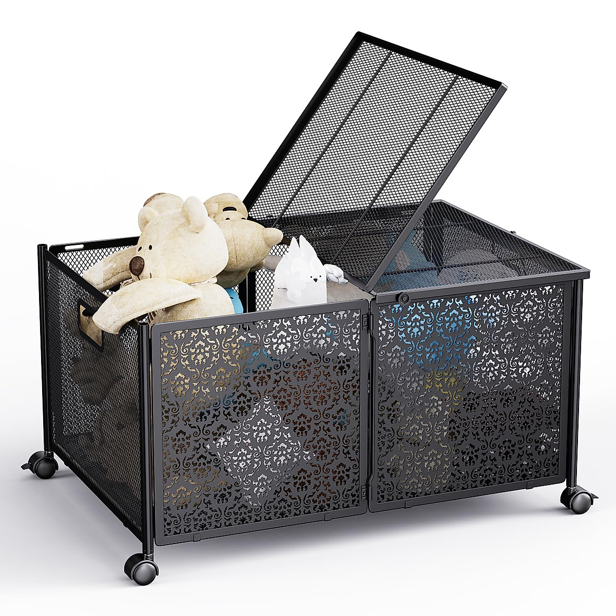 LOEVIICA Toy Box Toy Chest with Rotating Wheels and Sturdy Metal Lid, Metal Toy Organizers and Storage Boxes Baskets for Boys Girls Kids Room (Black (Small 2 Pack))