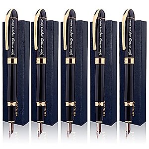 Ancolo Custom Black Fountain Pens-Luxury Refillable Elegant pens- with Extra10 Black Ink Refill, Engraved Personnal Name/Slogan/Phone Number, Perfect for Bank, Office, Hotel Lobbies 5 PCS/Pack