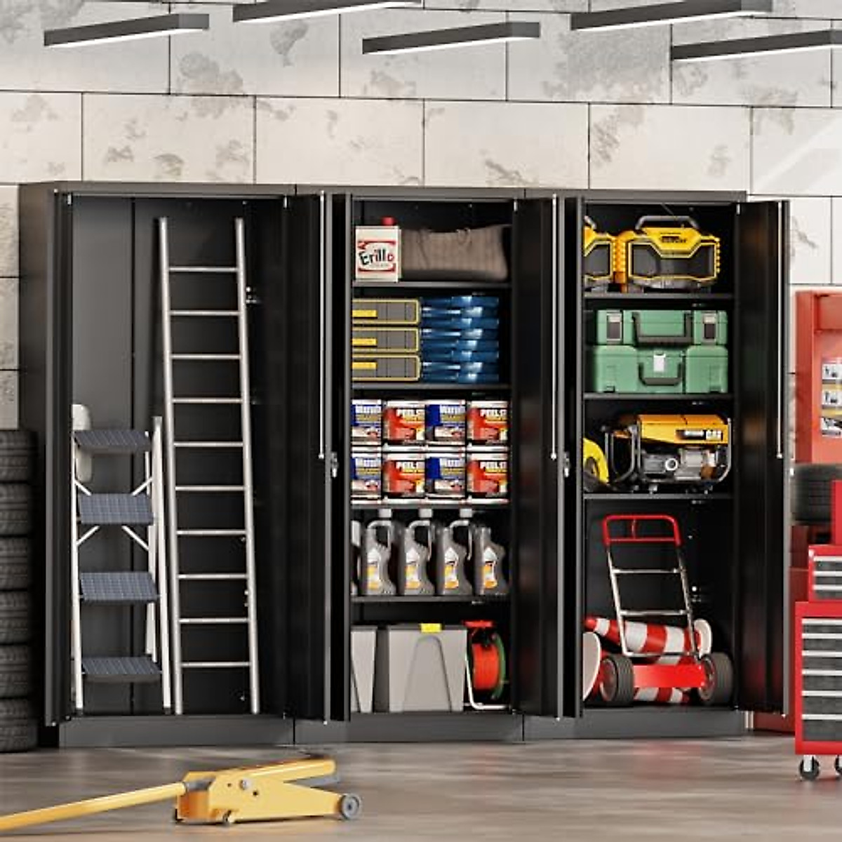 Maemttes 72" Metal Storage Cabinet with Doors and Shelves, Tall Garage Cabinets Lockable File Cabinet, Heavy-Duty Locker Cabinet Tool Cabinet for Garage, Office, Home, Kitchen (Black)