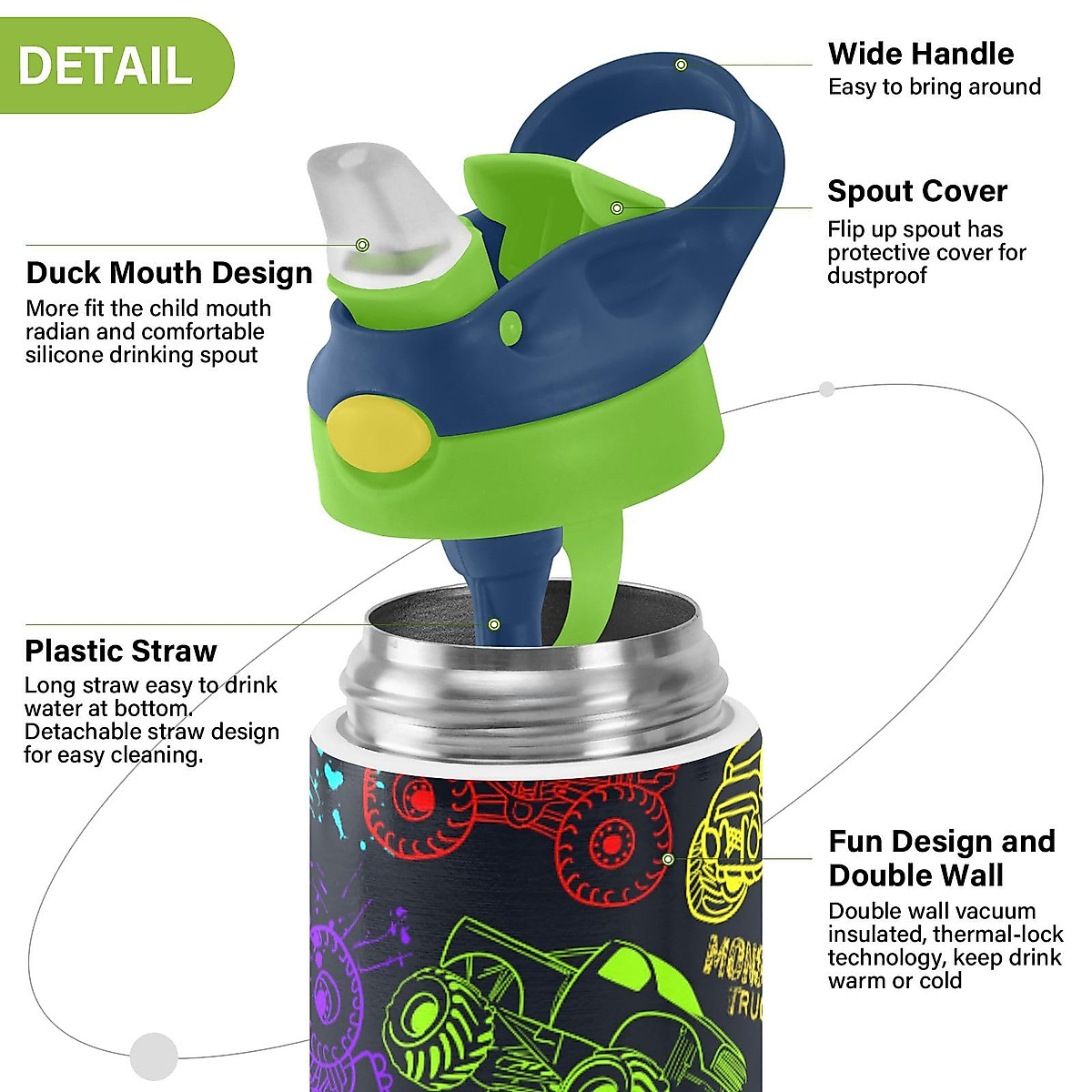 Sletend Colorful Monster Truck Kids Water Bottle,12Oz BPA-Free Vacuum Insulated Stainless Steel Water Bottle Leak Proof & Lightwieght for Boys Girls