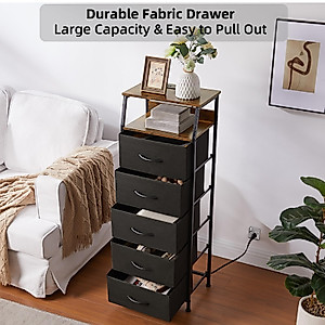 Somdot Black Nightstand with Charging Station and LED Light for Bedroom, Tall 5 Drawers Dresser with Fabric Bins for Bedside Laundry Closet Entryway Hallway, Black Rustic Brown