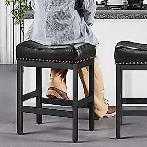 Yaheetech 26" Bar Stools Set of 2 Counter Height Bar Stools Leather Saddle Stool Kitchen Stools for Island Modern Backless Faux Leather Counter Stool, Black