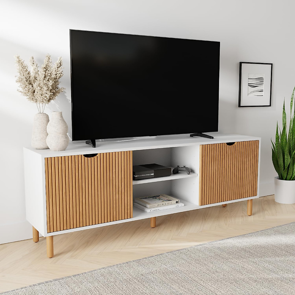 Contemporary Fluted TV Stand - Media Console - 70” Entertainment Center Console Table with Storage for Living Room - Fits 32 to 80" TVs (White and Oak)