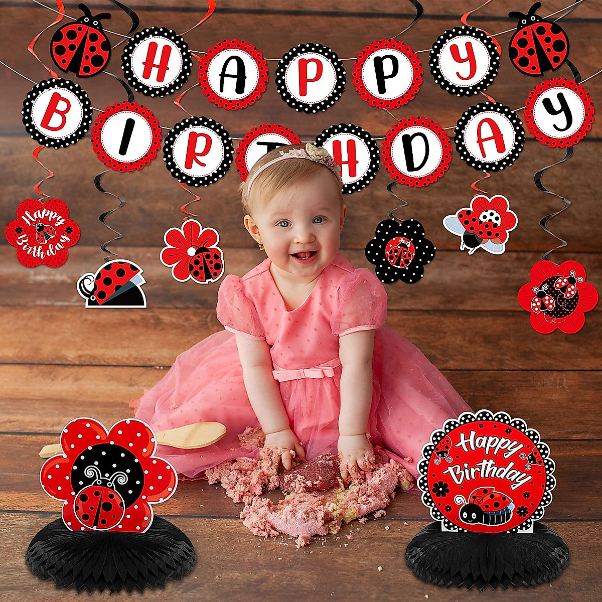 Ladybug Fancy Party Decoration Kit - Cute Birthday Banner, Honeycomb Centerpiece, Hanging Swirls for Girls Birthday Baby Shower Party Supplies