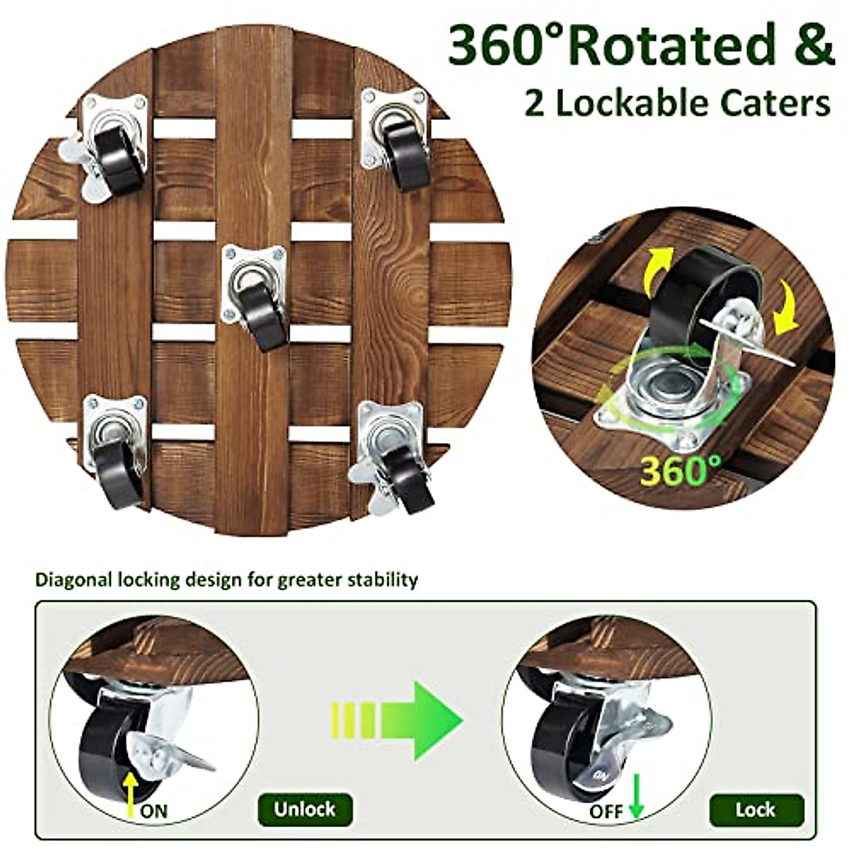 Yangbaga 2pack Plant Caddy 12’’Wood Duty Rolling Plant Stand with 2 360° Lockable Caster Wheels,Indoor Outdoor on Roller Patio/Flower Pot/Succulent Pots