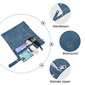 2 PCs Wet Dry Bag Moon Star Space Constellation Pattern Waterproof Wet Bag Cloth Reusable Diapers Wet Swimsuit Bag for Toiletries Travel Beach Pool Stroller Gym