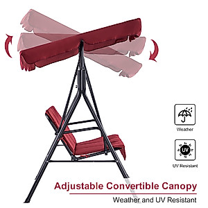 MCombo 3-Person Outdoor Patio Swing Chair, Convertible Canopy Hanging Swing Glider Lounge Chair, Removable Cushions, 4003 (Red)