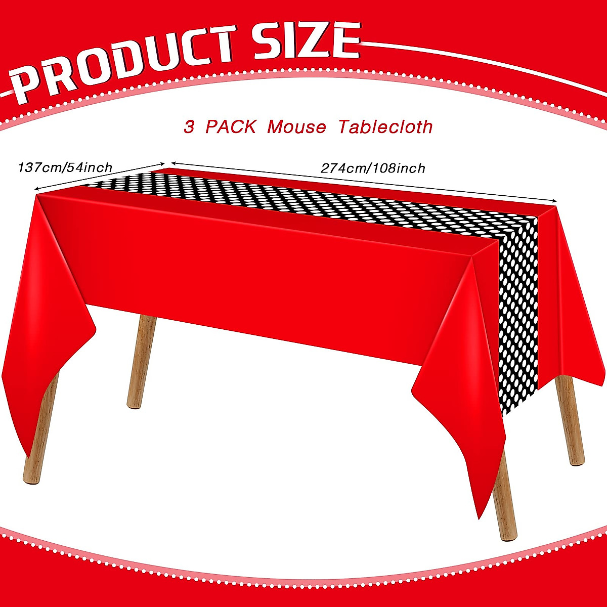 Irenare 3 Pcs Mouse Birthday Party Supplies Christmas Tablecloth Mouse Theme Baby Shower Decorations Plastic Table Cover Polka Dot Tablecloth Lady Bug Party Decorations, 54 x 108 Inch(Red)