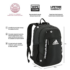 adidas Excel 6 Backpack, Black/White 3 Stripe Webbing, One Size