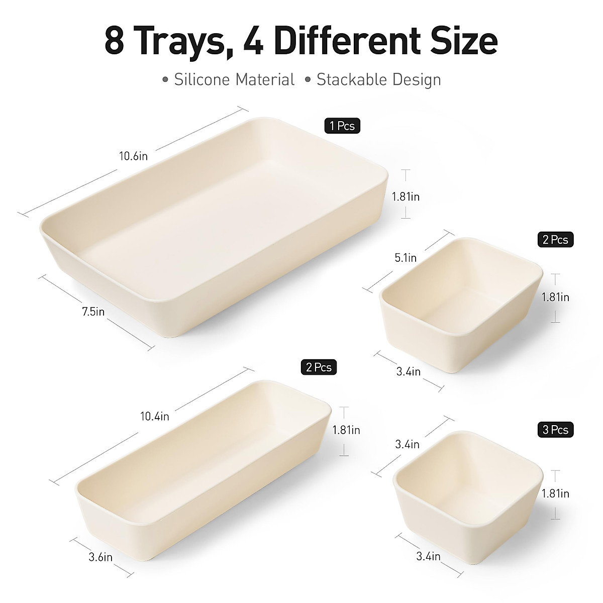 ISSEVE 8Pcs Nesting Silicone Drawer Organizer Set, 4 Size Versatile Vanity Bathroom Drawer Organizer Trays Divider, Desk Drawer Organizer Storage Bins for Office, Kitchen, Bedroom and Dorm (White)