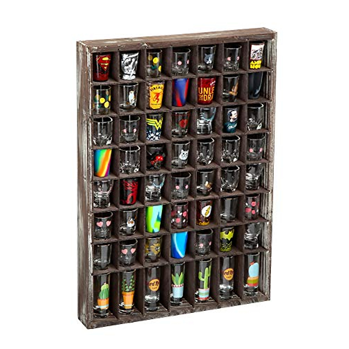 J JACKCUBE DESIGN - Rustic Wood Shot Glasses Display Case 56 Compartments Wall Mount Pint glass Shadow box Bar Cabinet Collection Freestanding - MK524A