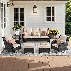 XIZZI Patio Furniture Set with Swivel Rocking Chairs,6 Pieces All Weather Wicker Outdoor Furniture with Sofa,High Back Patio Conversation Set for Balcony,Deck,and Backyard,Brown Rattan Beige