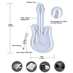 Guitar Neon Sign for Bedroom Art Guitar Decor Neon Lights for Christmas Halloween Wedding Valentine's Day Party Bar Club Home Decoration, Lounge Office Operated by USB