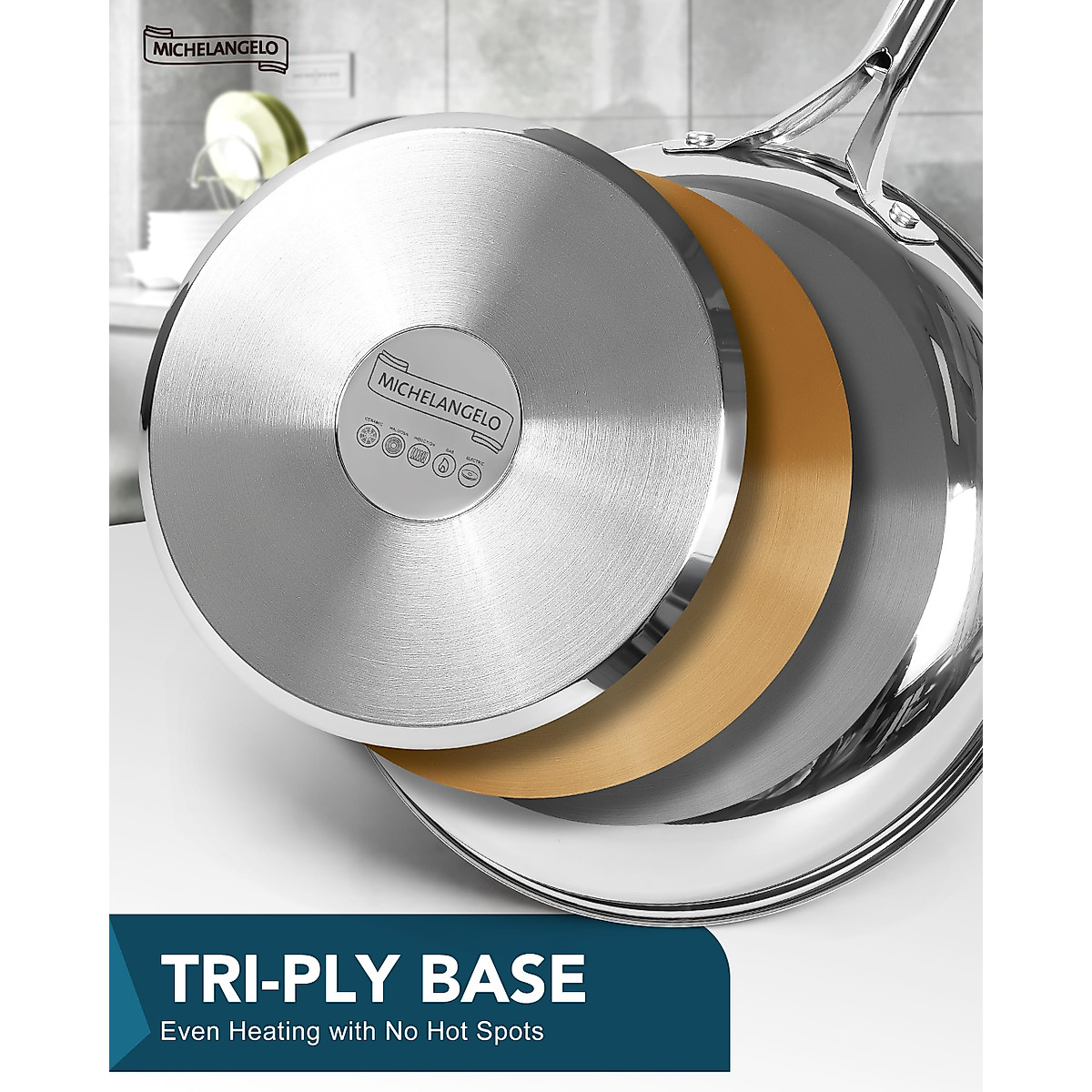 MICHELANGELO Stainless Steel Frying Pan Set, 8" / 9.5" / 11" Cooking Pans, Triply Base Stainless Steel Pan Set with Ergonomic Handle, Induction Compatible