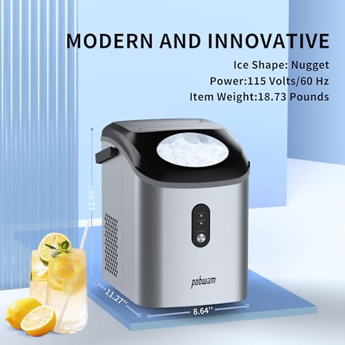 Pobwam Nugget Ice Maker Countertop Chewable Ice Maker Machine with Handle Self-Cleaning Ice Machine with Ice Scoop Ice Basket Ice Makers for Home/Kitchen/Party/33Lbs/24H Silver