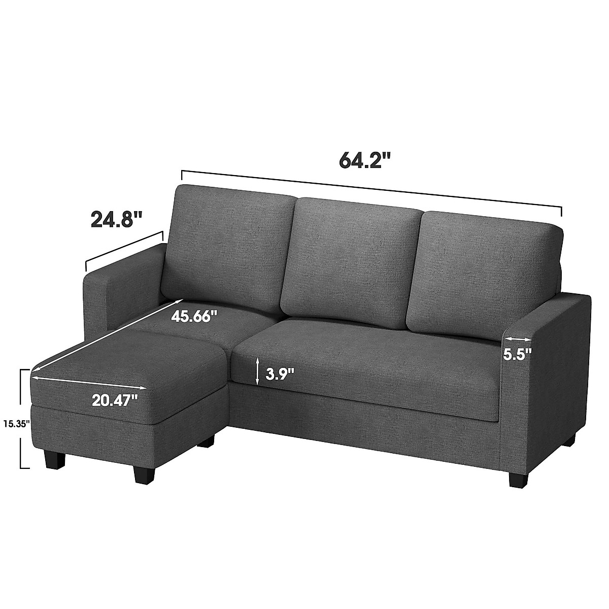 JUMMICO Convertible Sectional Sofa Couch, Fabric L-Shaped Sofa with 3 Seats, Removable Ottoman, Small Sofa for Small Apartments, Living Rooms and Offices (Deep Grey)