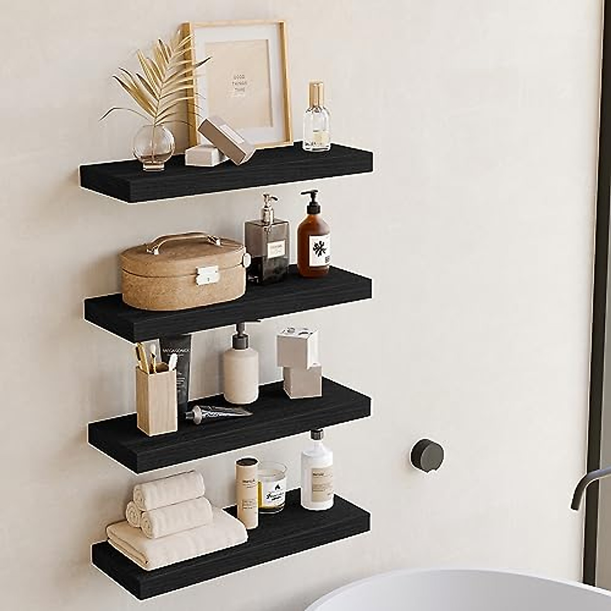 Fixwal 15.8in Floating Shelves, Rustic Wood Finish Wall Shelves Set of 4, Shelves for Wall Decor, with Invisible Brackets for Bathroom, Living Room,Bedroom and Kitchen(Black)